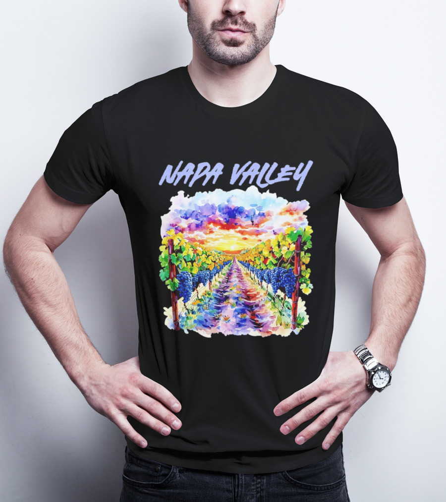 Napa Valley California Vineyard Scenic Sunset Watercolor Landscape T-Shirt