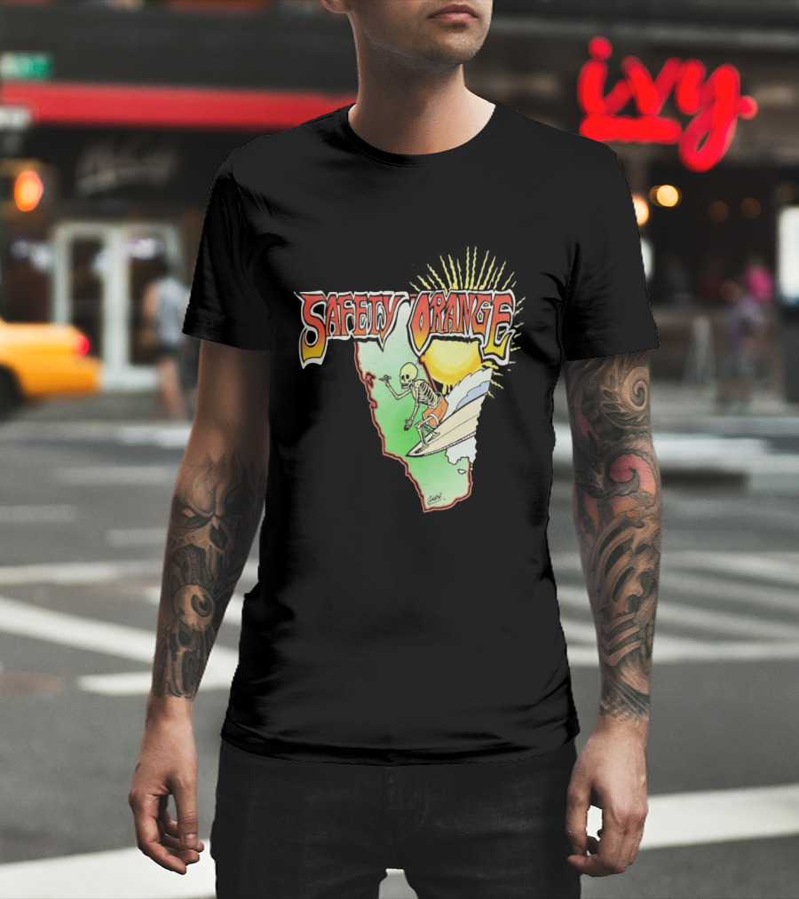 Safety Orange Skeleton Surfing Explosion Scene T-Shirt