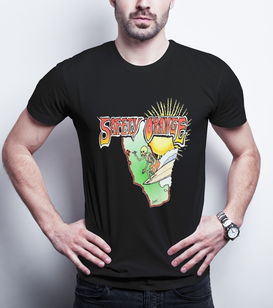 Safety Orange Skeleton Surfing Explosion Scene T-Shirt