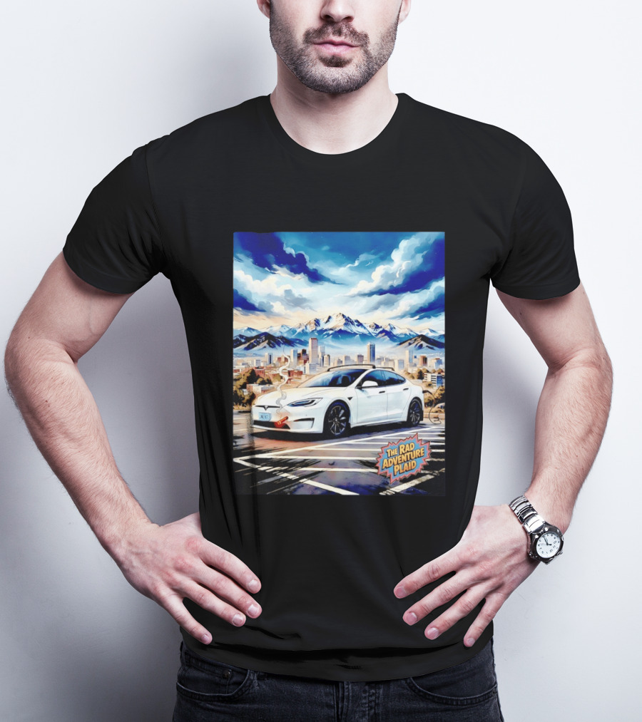 The Rad Adventure Plaid Electric Car Scenic Mountain Cityscape T-Shirt