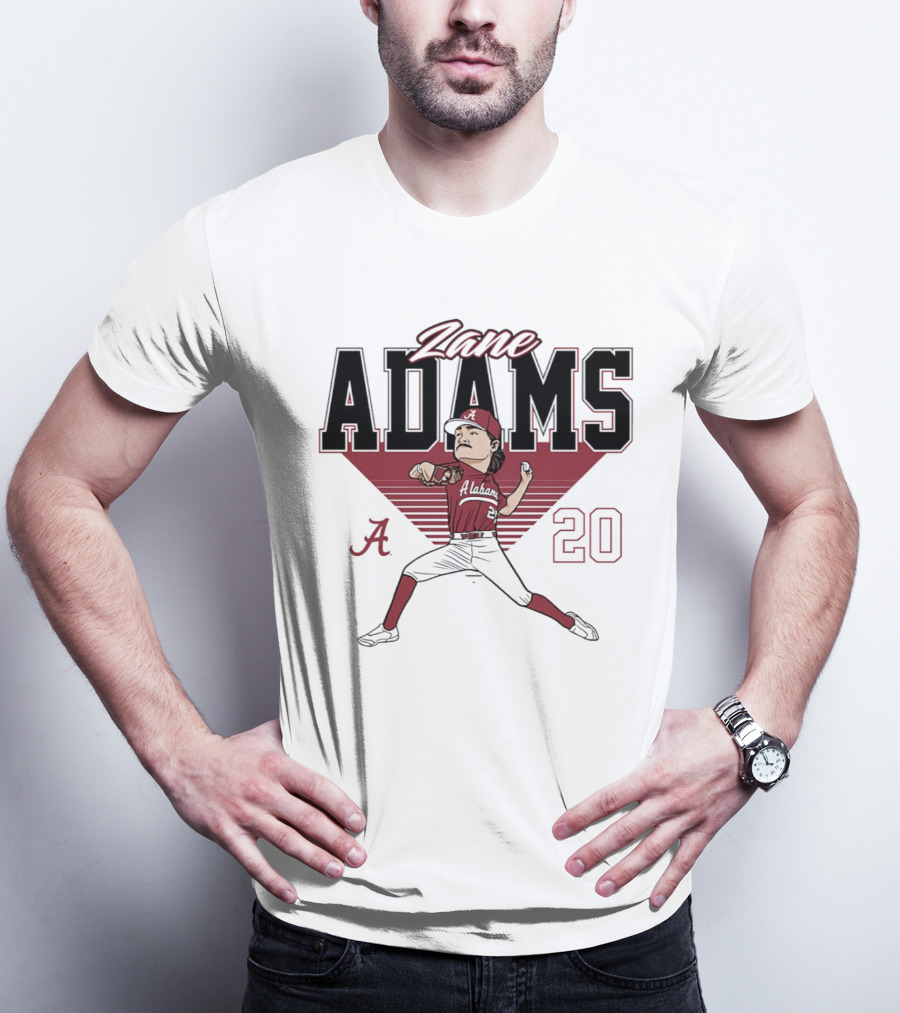 Zane Adams 20 Alabama Crimson Tide Baseball Caricature Player Pitching T-Shirt