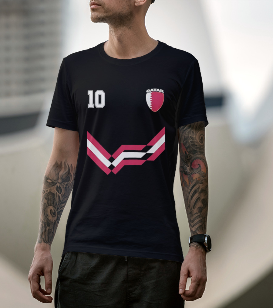 Akram Afif Qatar 10 Soccer Badge Red Chevron T-Shirt