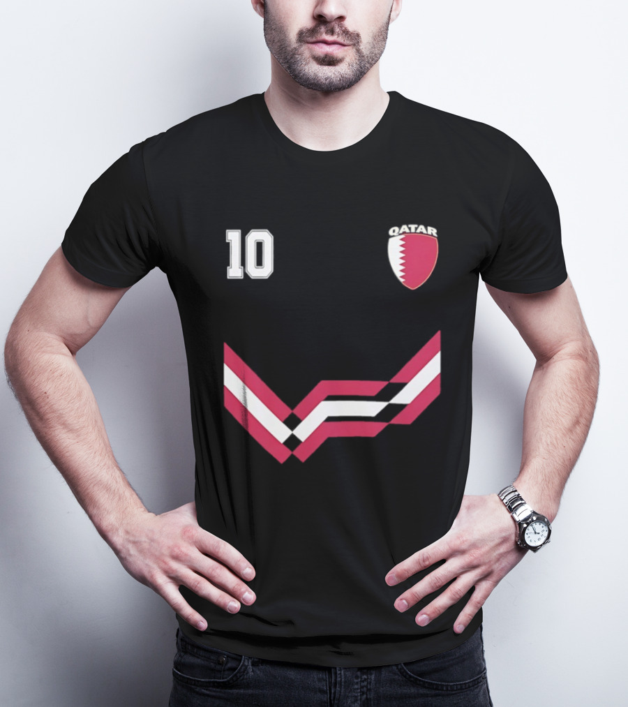Akram Afif Qatar 10 Soccer Badge Red Chevron T-Shirt