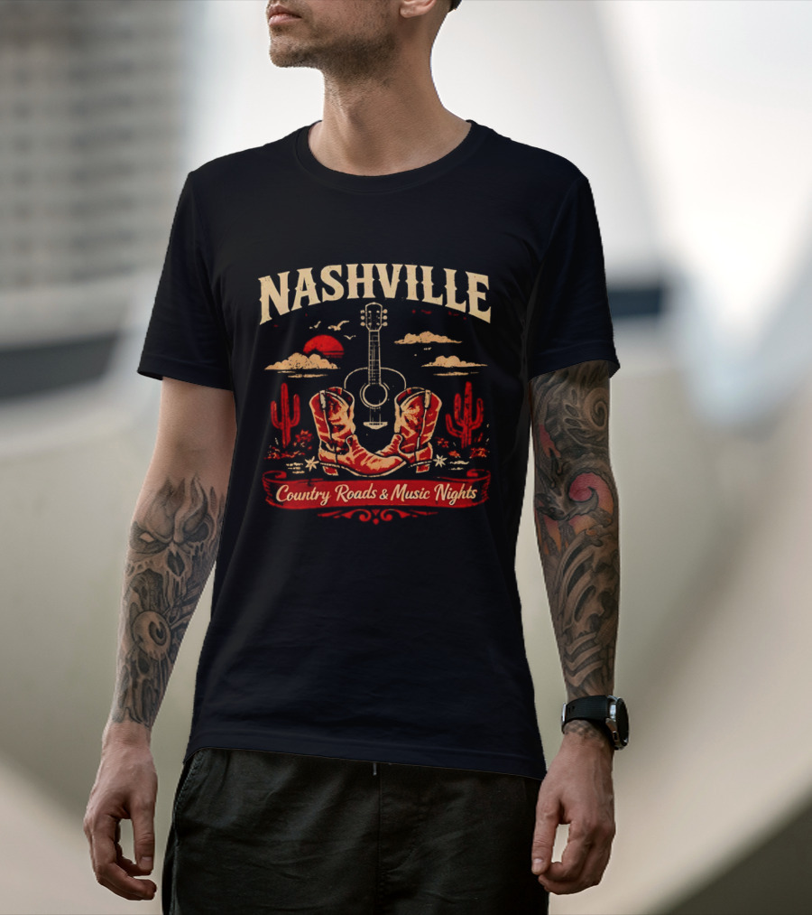 Nashville Country Roads Music Nights Boots Guitar Desert Cactus Moon Clouds T-Shirt
