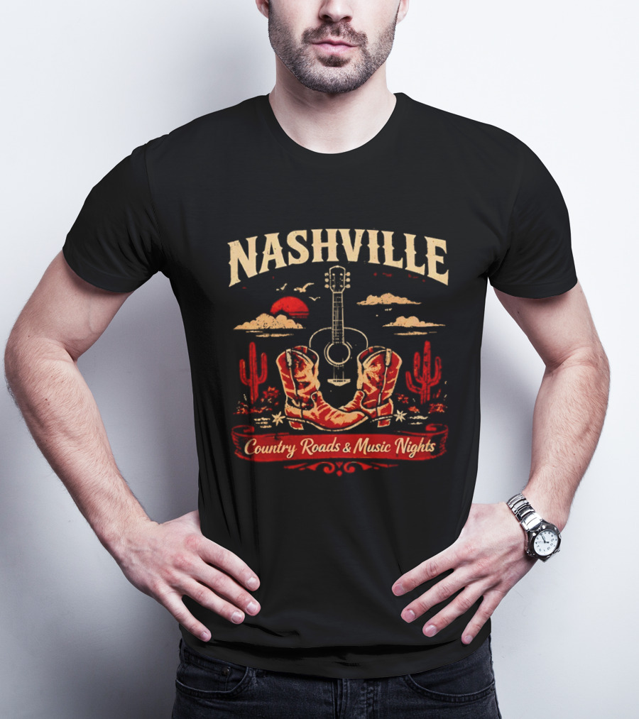 Nashville Country Roads Music Nights Boots Guitar Desert Cactus Moon Clouds T-Shirt