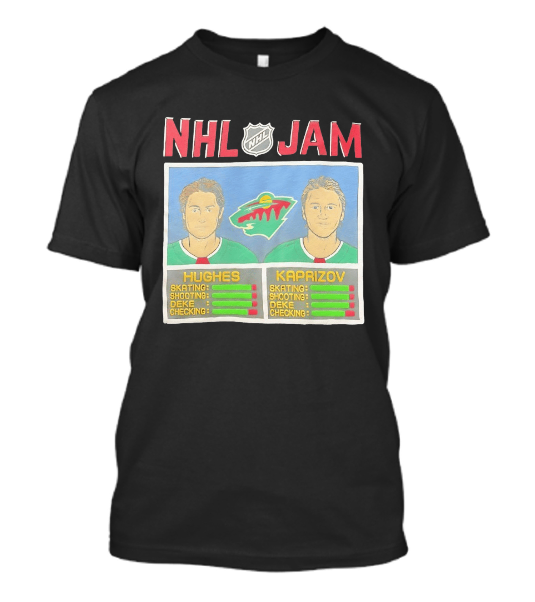 NHL Jam Hughes Kaprizov Minnesota Wild Skating Shooting Deke Checking T-Shirt