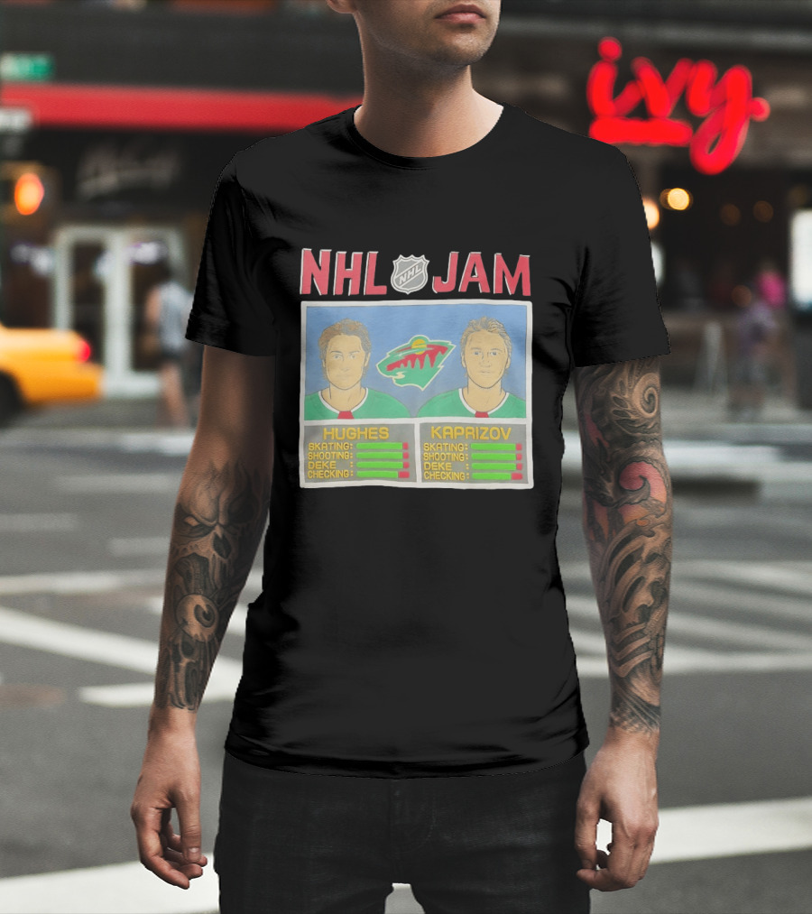 NHL Jam Hughes Kaprizov Minnesota Wild Skating Shooting Deke Checking T-Shirt