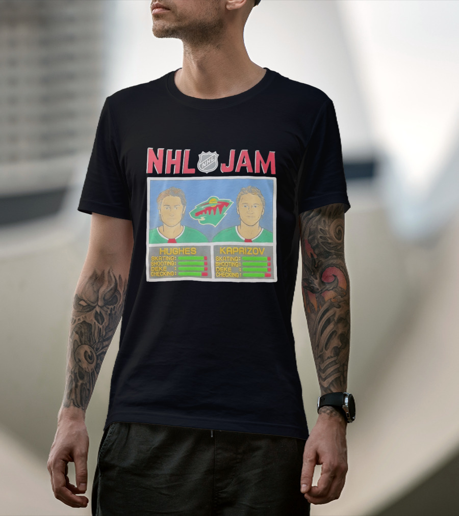 NHL Jam Hughes Kaprizov Minnesota Wild Skating Shooting Deke Checking T-Shirt