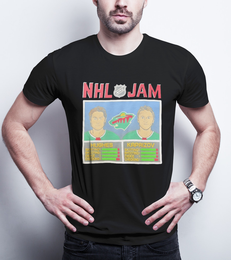 NHL Jam Hughes Kaprizov Minnesota Wild Skating Shooting Deke Checking T-Shirt