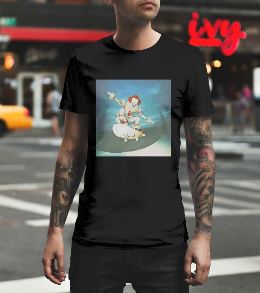 Pennywise Skateboard Night Scene Iconic Clown Performing Skateboarding Trick T-Shirt