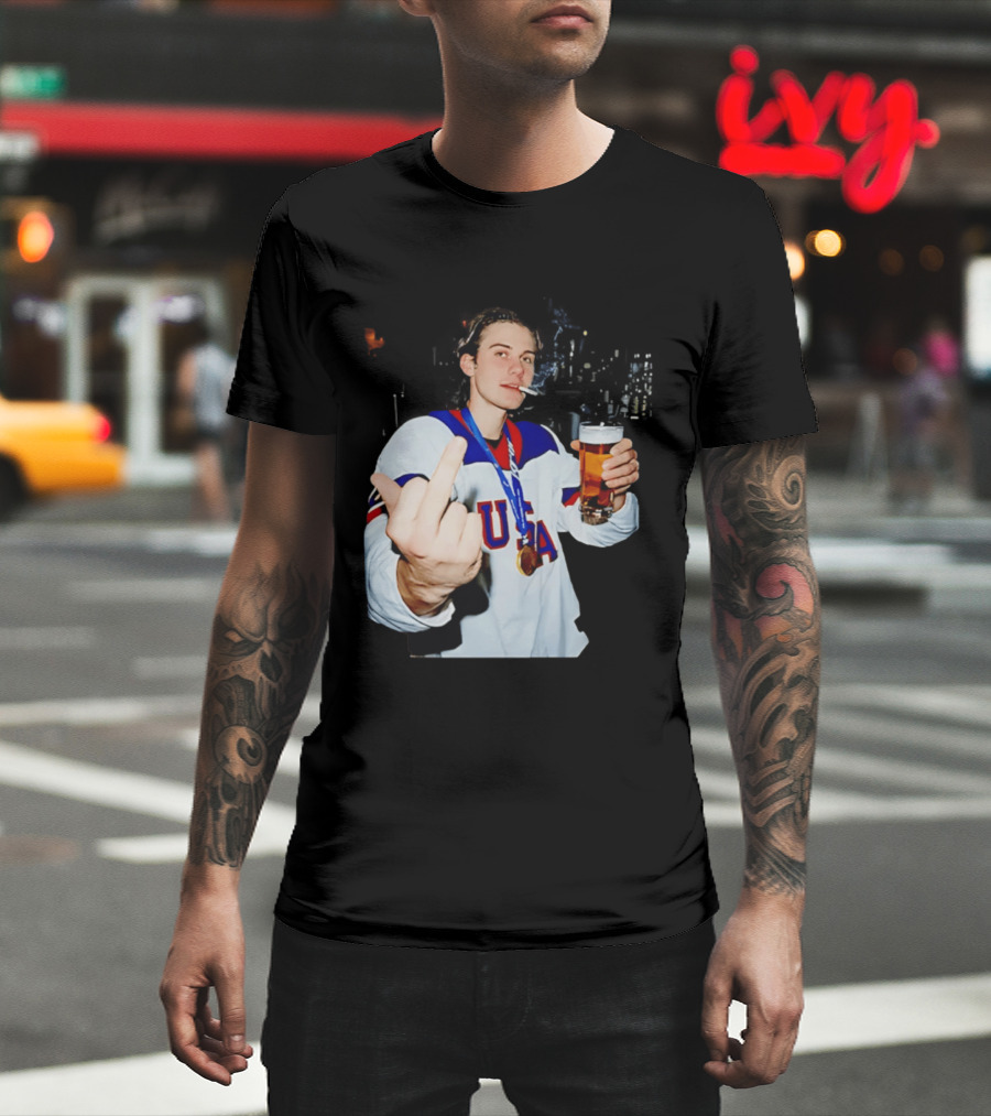 USA Hockey Player Victory Celebration Smoking Beer Middle Finger T-Shirt