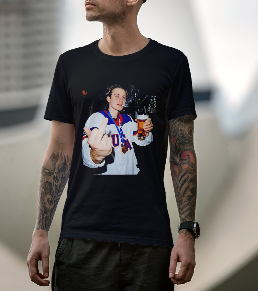 USA Hockey Player Victory Celebration Smoking Beer Middle Finger T-Shirt
