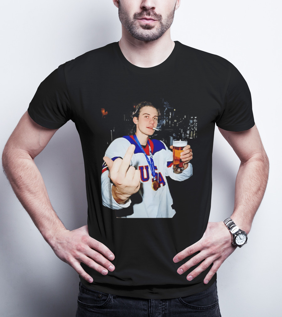 USA Hockey Player Victory Celebration Smoking Beer Middle Finger T-Shirt
