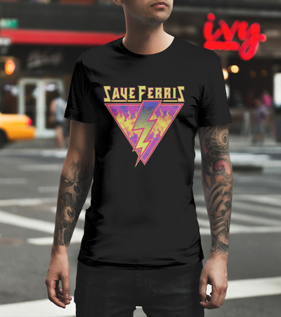 Save Ferris Lightning Bolt Retro 80s Flames T-Shirt