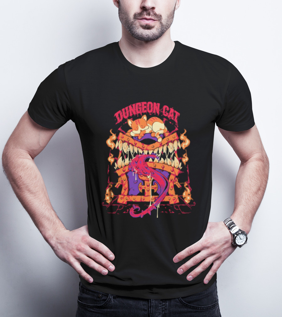 Dungeon Cat Sleeping On Monstrous Chest Surrounded By Flames And Tentacles T-Shirt