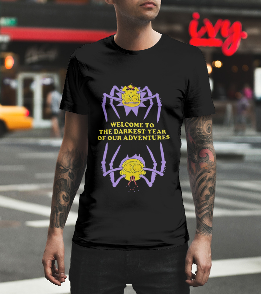 Welcome To The Darkest Year Of Our Adventures Purple And Yellow Cartoon Creatures T-Shirt