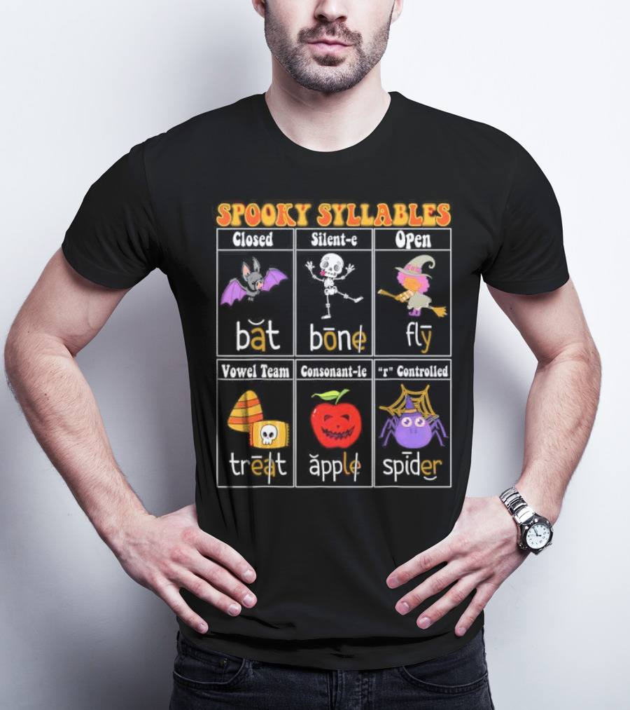 Spooky Syllables Bat Bone Fly Trick Treat Apple Spider Halloween Educational Teacher T-Shirt