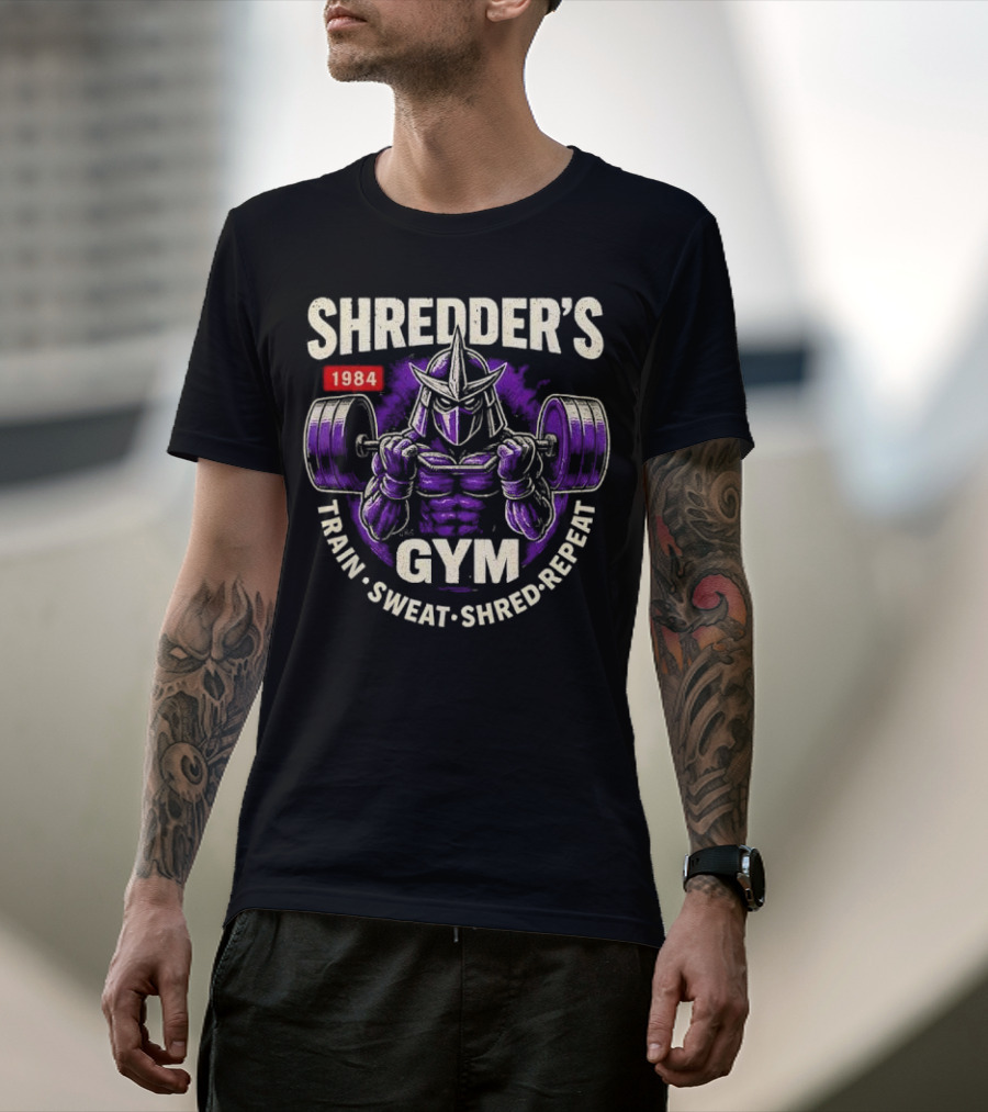 Shredder's 1984 Gym Train Sweat Shred Repeat Ninja Warrior Fitness T-Shirt