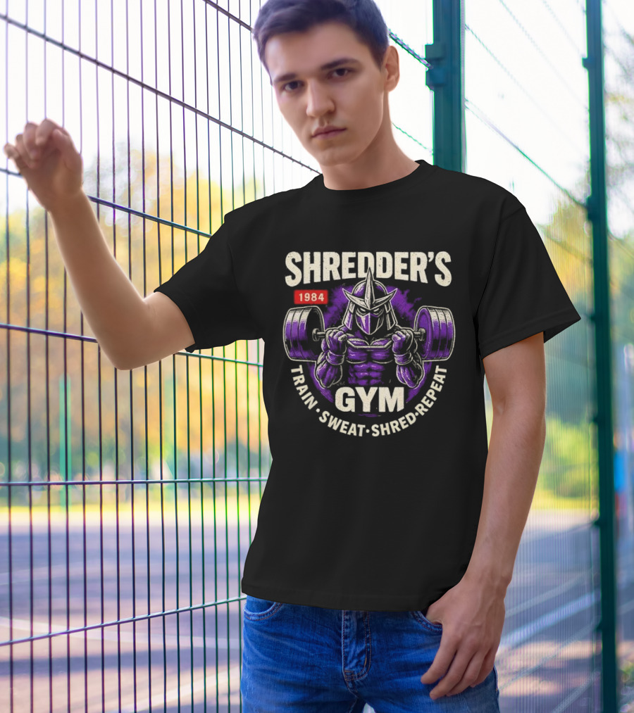 Shredder's 1984 Gym Train Sweat Shred Repeat Ninja Warrior Fitness T-Shirt