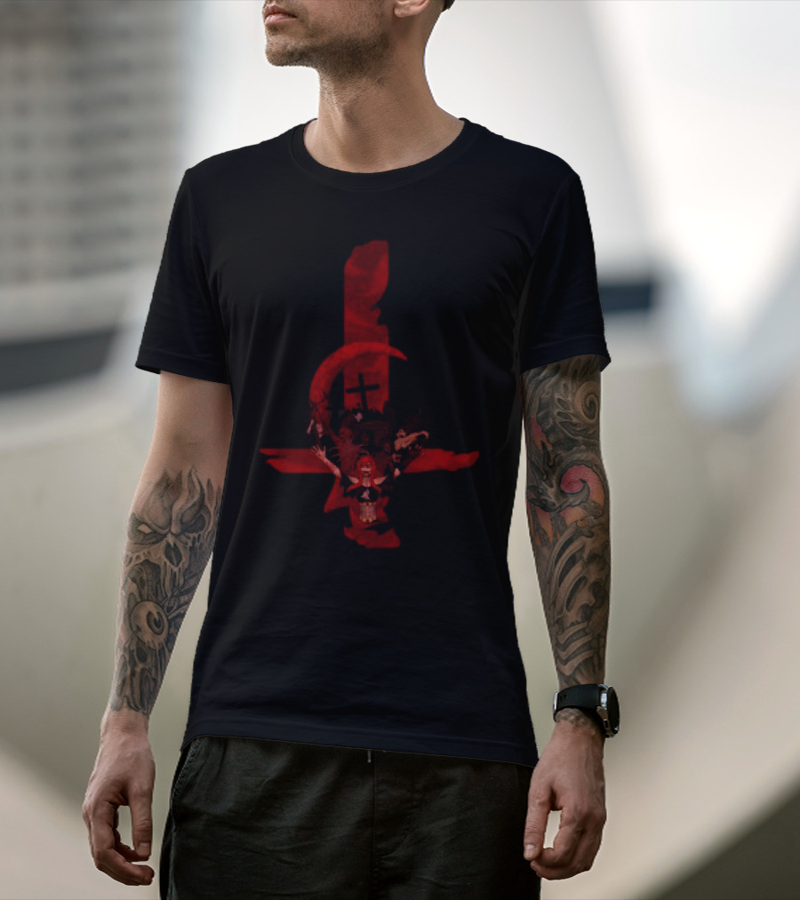 Inverted Cross Graveyard Gothic Anarchist Symbol With Red Crescent Moon T-Shirt