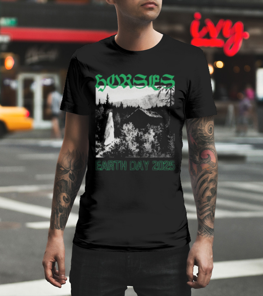 Horses Earth Day 2025 Ghostly Forest Cabin Scene T-Shirt