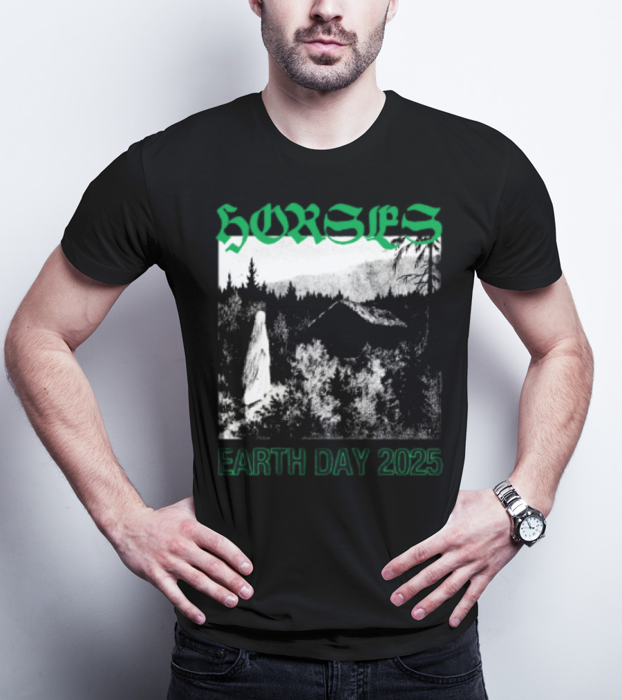 Horses Earth Day 2025 Ghostly Forest Cabin Scene T-Shirt