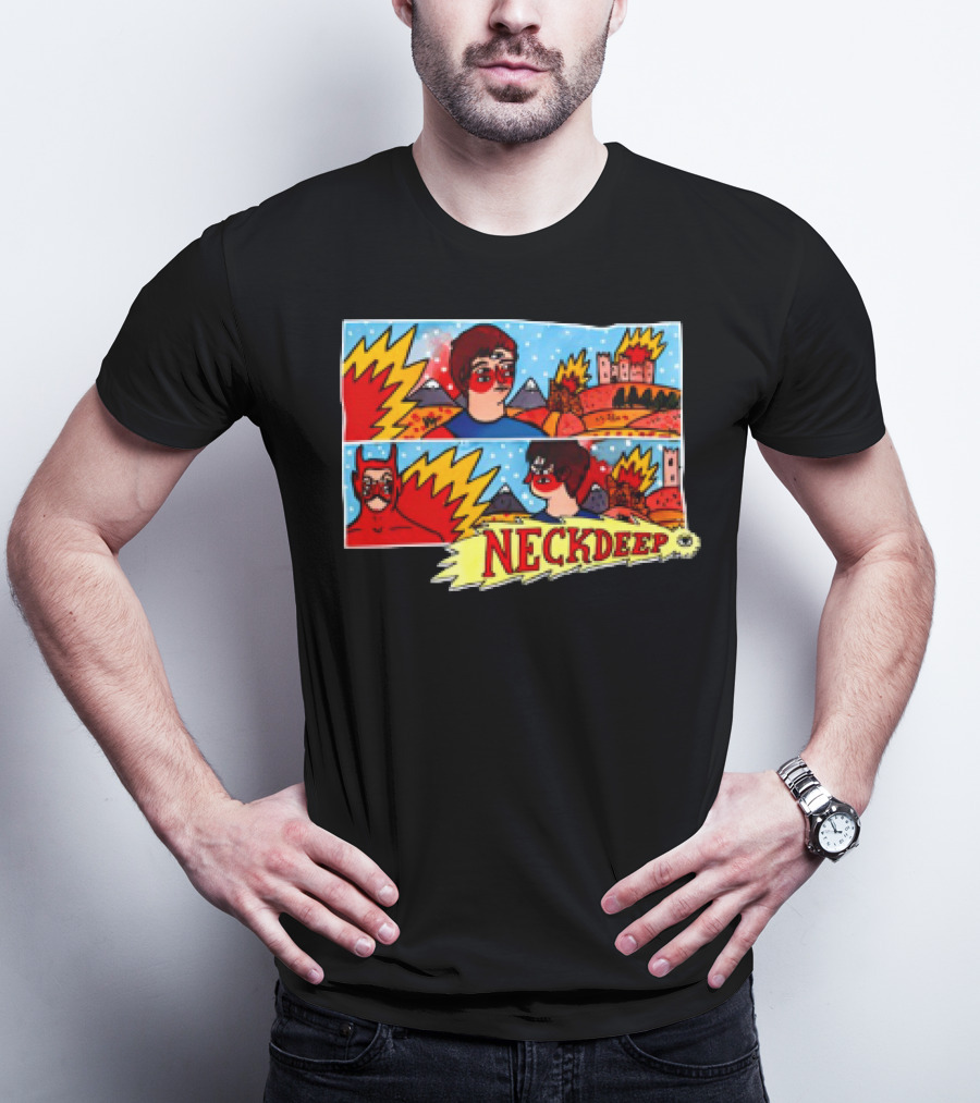 Neck Deep 10 Year Anniversary Comic Style Superhero Scene T-Shirt