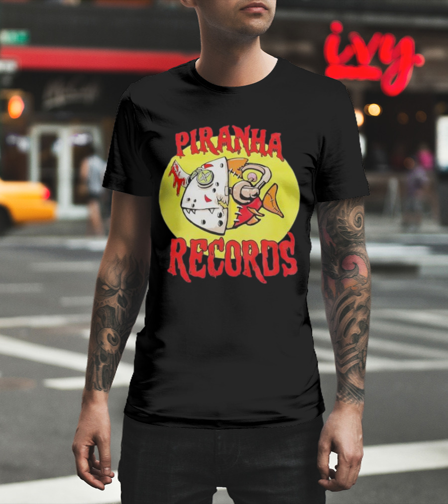 Piranha Records Cartoon Fish Bite Graphic T-Shirt