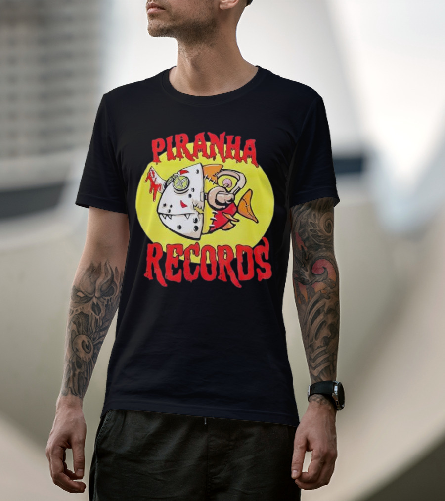 Piranha Records Cartoon Fish Bite Graphic T-Shirt