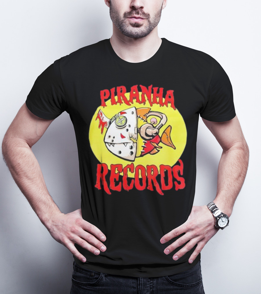 Piranha Records Cartoon Fish Bite Graphic T-Shirt