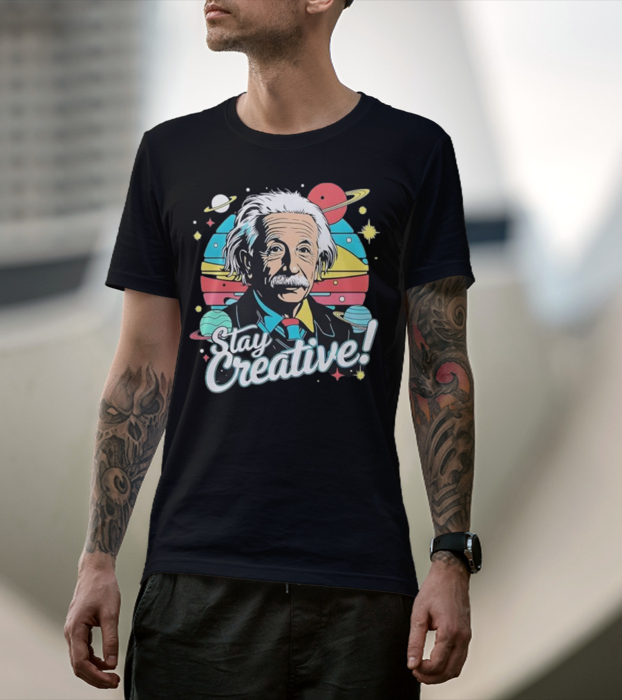Albert Einstein Stay Creative Vintage Planets Space Theme T-Shirt