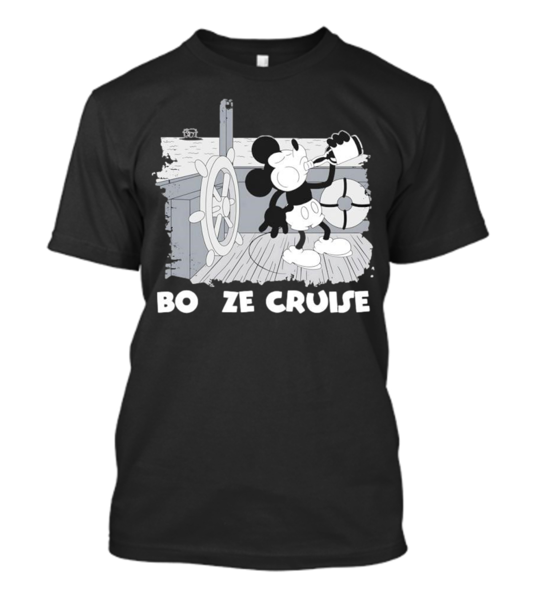Booze Cruise Cartoon Character With On Vintage Sailing Scene T-Shirt