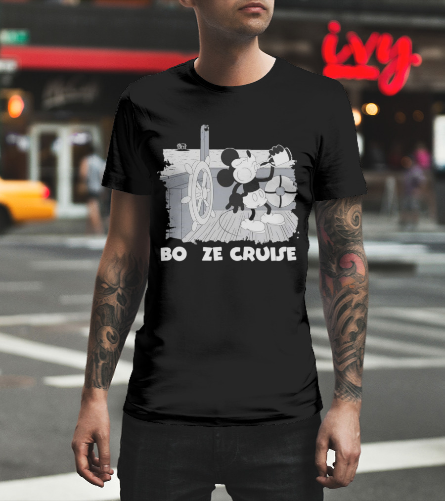 Booze Cruise Cartoon Character With On Vintage Sailing Scene T-Shirt