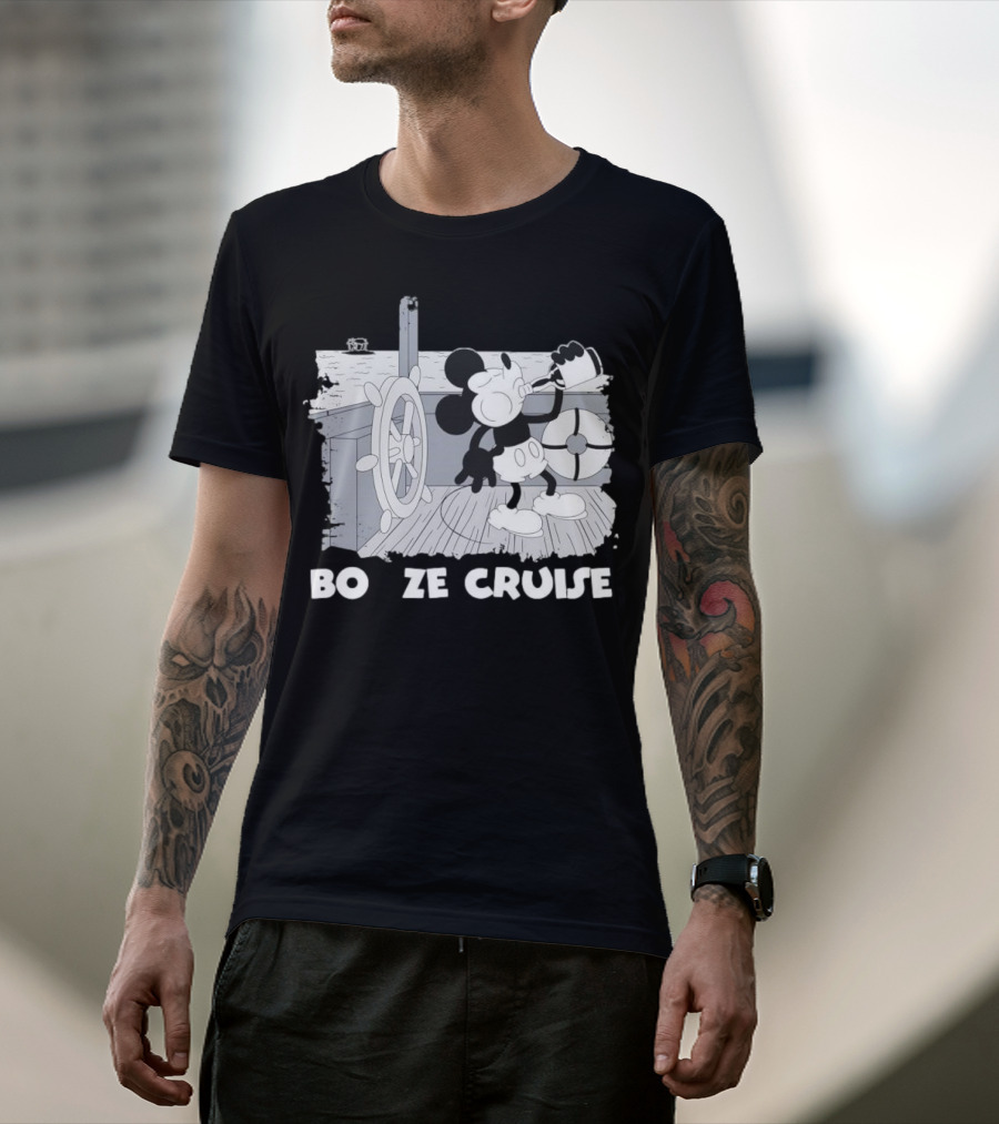 Booze Cruise Cartoon Character With On Vintage Sailing Scene T-Shirt