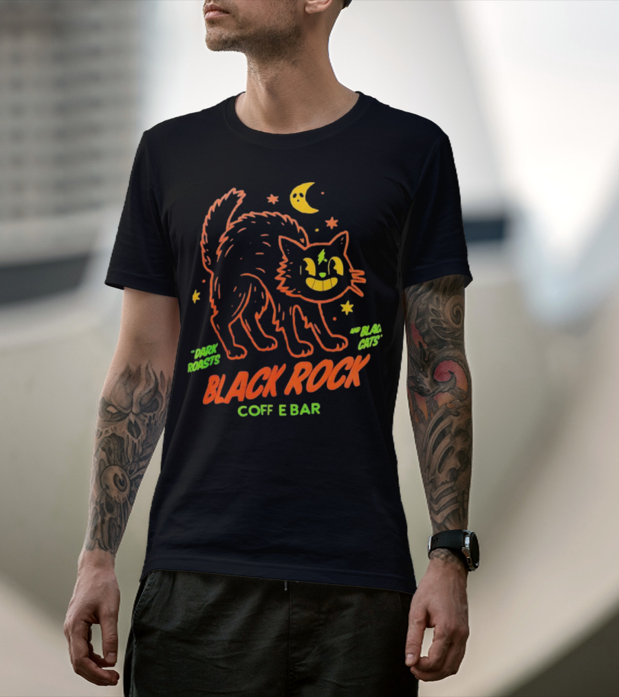 Dark Roasts Black Cats Black Rock Coffee Bar Moon And Stars T-Shirt