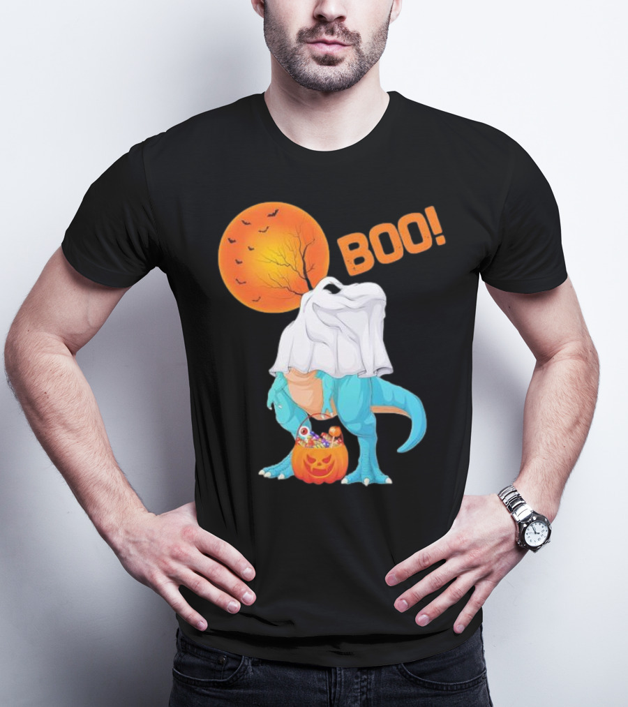 Ghost Dinosaur Rex Boo Halloween Pumpkin Boys Men T-Shirt
