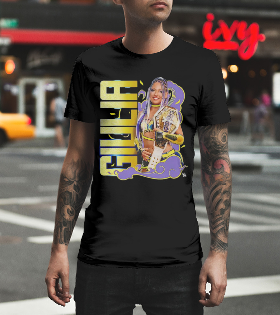 Giulia Smoke Champion Wrestling Character With Belt And Yellow Purple Accents T-Shirt