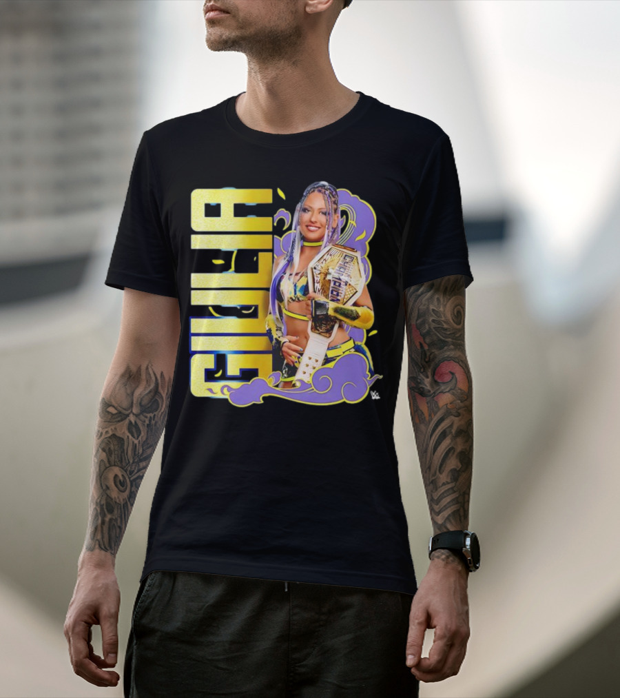 Giulia Smoke Champion Wrestling Character With Belt And Yellow Purple Accents T-Shirt