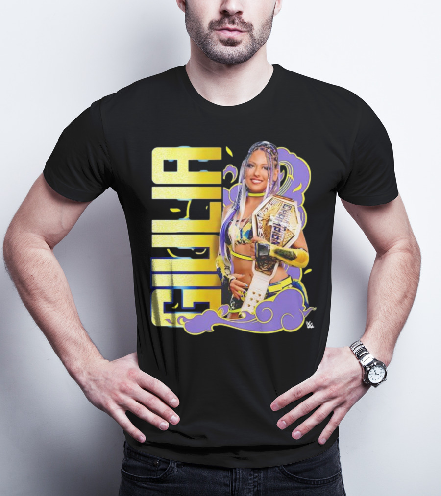 Giulia Smoke Champion Wrestling Character With Belt And Yellow Purple Accents T-Shirt