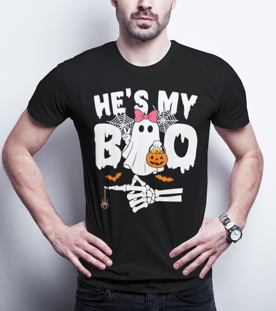 He’s My Boo Pink Bow Ghost With Pumpkin Candy Basket And Skeleton Hand Halloween T-Shirt