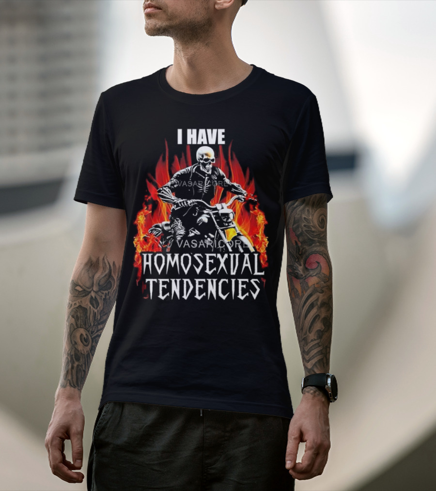 I Have Homosexual Tendencies Skeleton Motorcycle Flaming Background T-Shirt