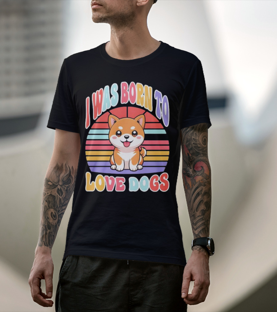 I Was Born To Love Dogs Cute Cartoon Shiba Inu Rainbow Colors T-Shirt