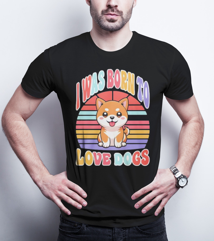 I Was Born To Love Dogs Cute Cartoon Shiba Inu Rainbow Colors T-Shirt