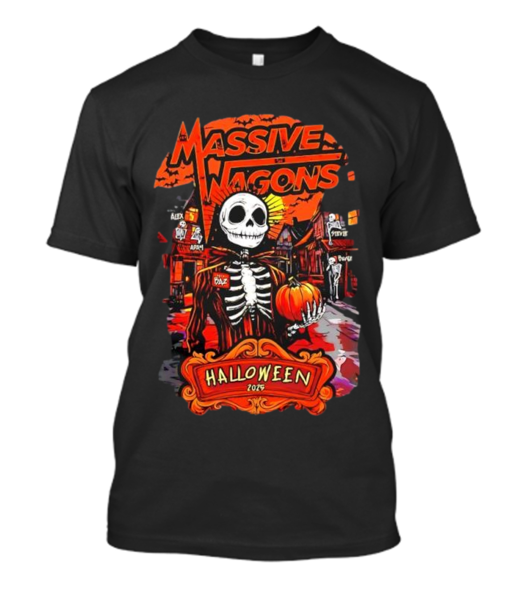 Massive Wagons Halloween 2023 Skeleton Pumpkin Spooky Street Scene T-Shirt