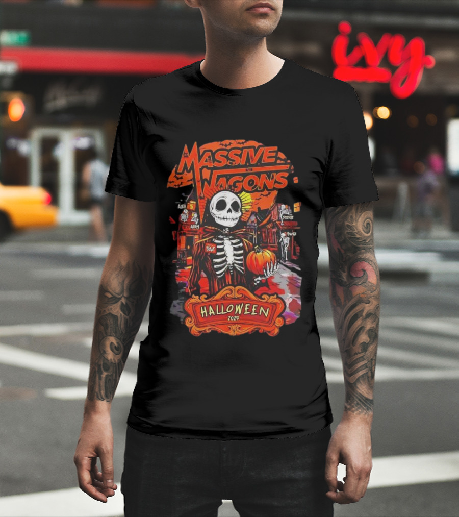 Massive Wagons Halloween 2023 Skeleton Pumpkin Spooky Street Scene T-Shirt