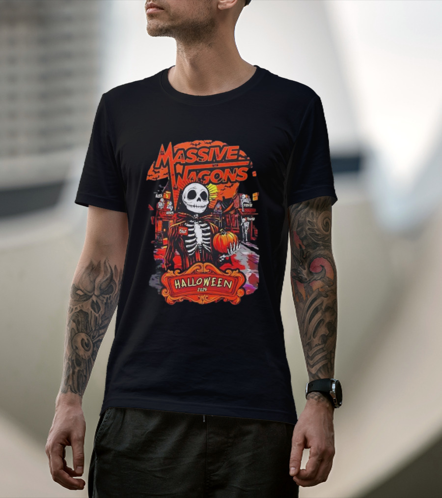 Massive Wagons Halloween 2023 Skeleton Pumpkin Spooky Street Scene T-Shirt