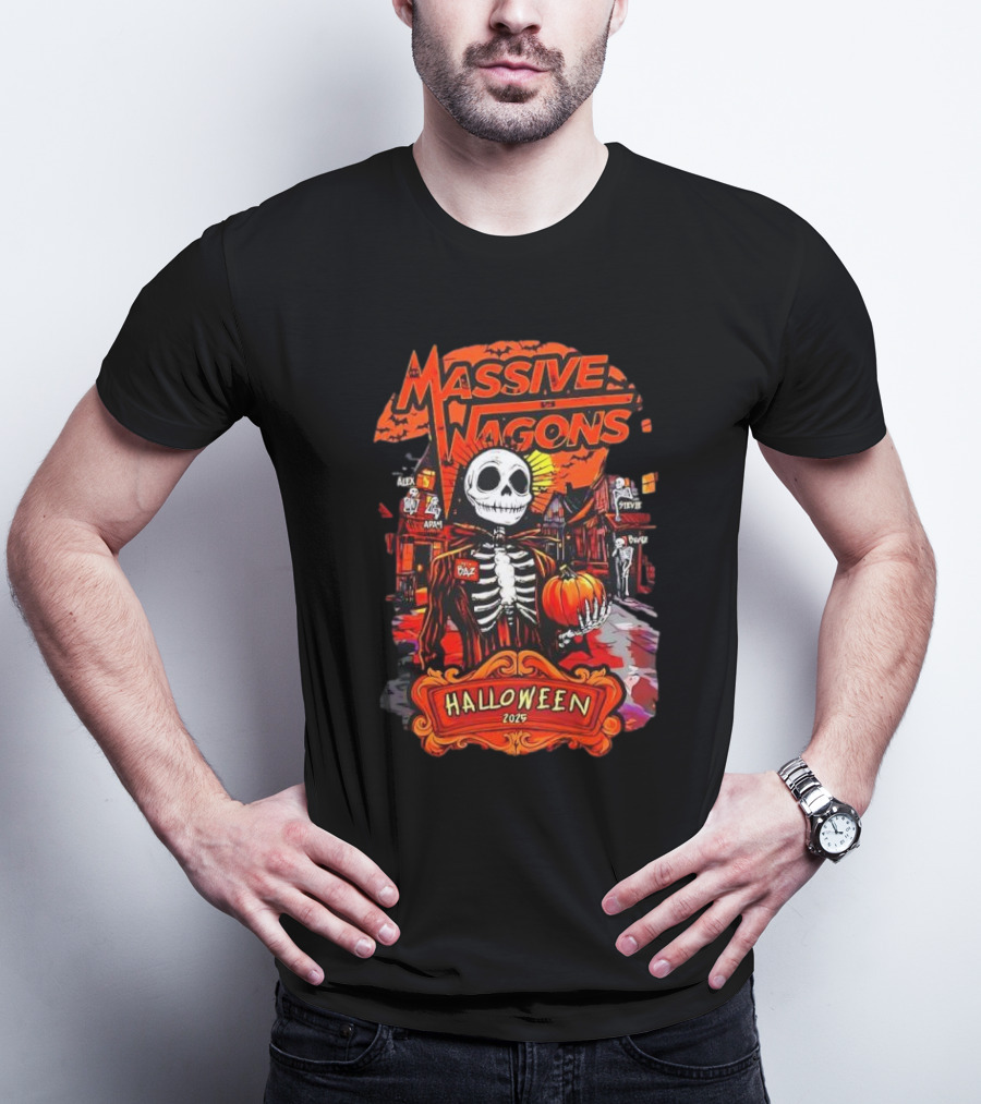 Massive Wagons Halloween 2023 Skeleton Pumpkin Spooky Street Scene T-Shirt