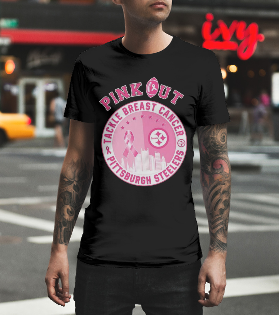 Pink Out Tackle Breast Cancer Pittsburgh Steelers Ribbon Awareness T-Shirt