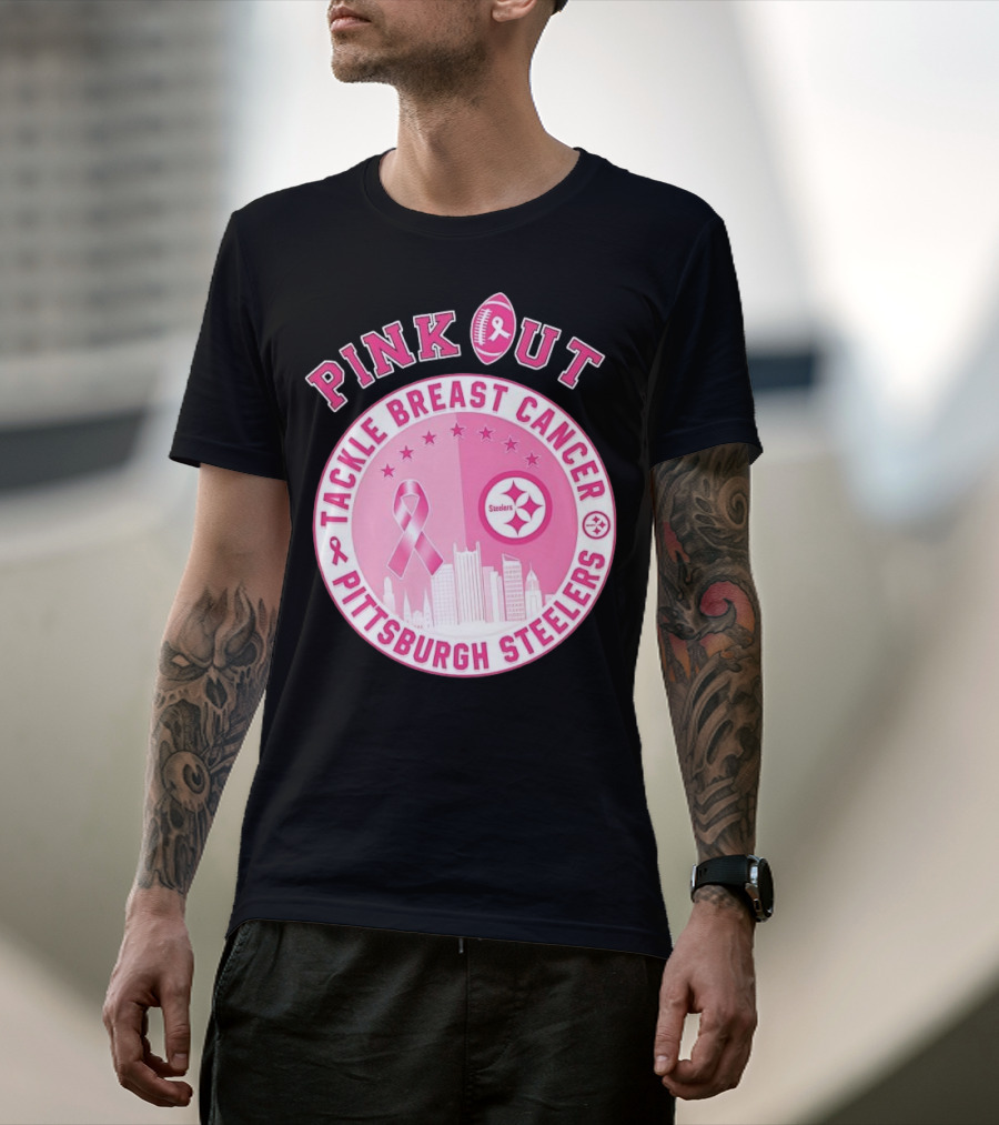 Pink Out Tackle Breast Cancer Pittsburgh Steelers Ribbon Awareness T-Shirt