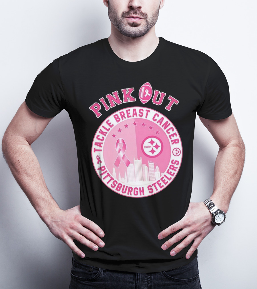 Pink Out Tackle Breast Cancer Pittsburgh Steelers Ribbon Awareness T-Shirt
